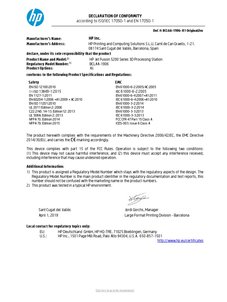 According To ISO/IEC 17050-1 and EN 17050-1: Declaration of Conformity | PDF | International ...