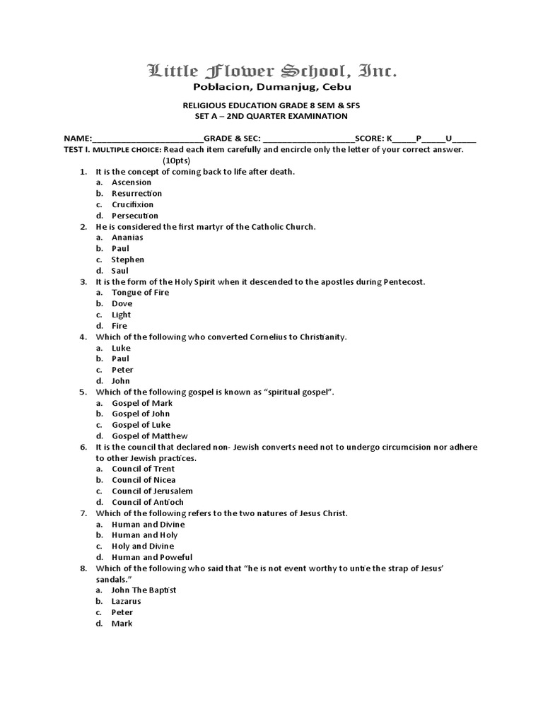 Religious Education Grade 8 Sem & Sfs Set A - 2Nd Quarter Examination NAME: - GRADE & SEC ...