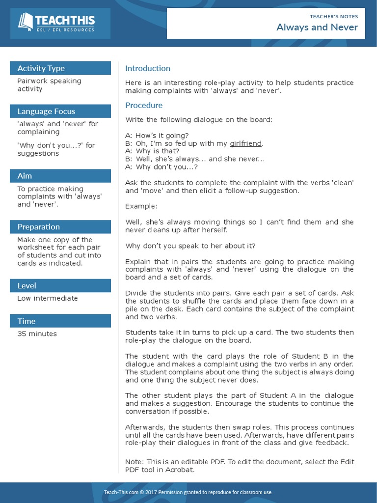 Always and Never: Activity Type | PDF | English As A Second Or Foreign ...