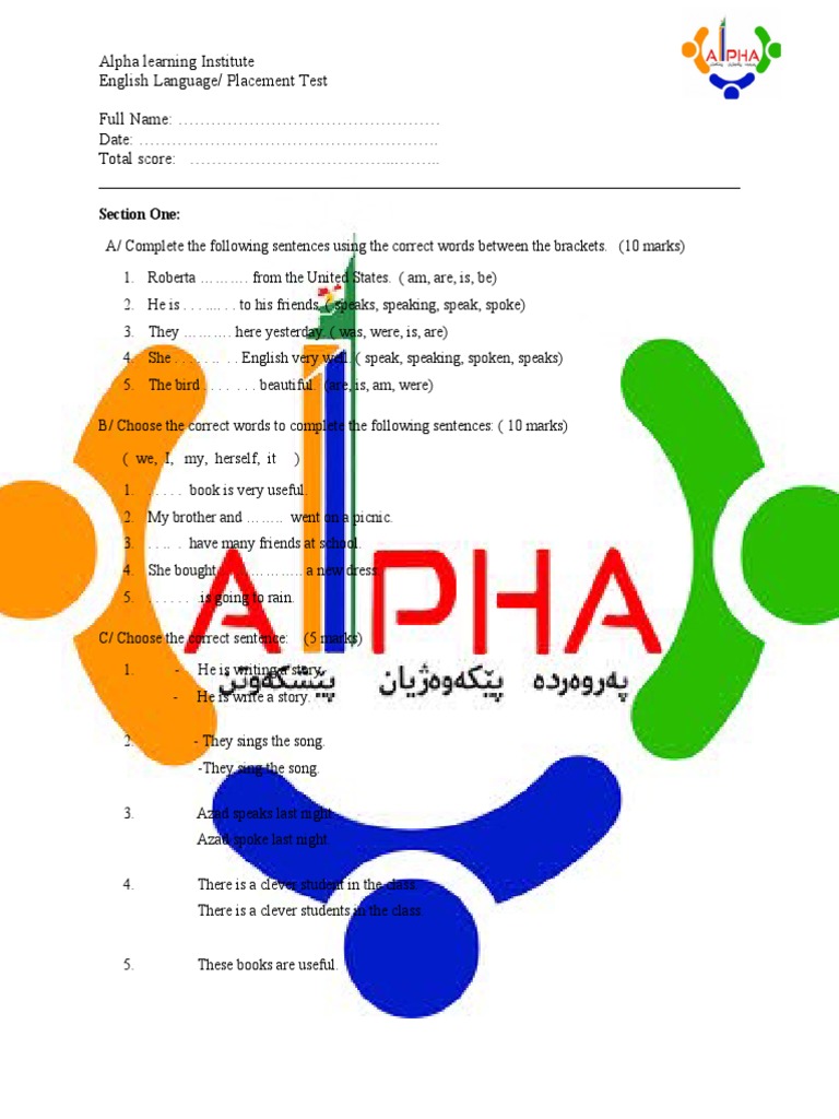 Alpha Learning Institute English Language/ Placement Test Full Name ...