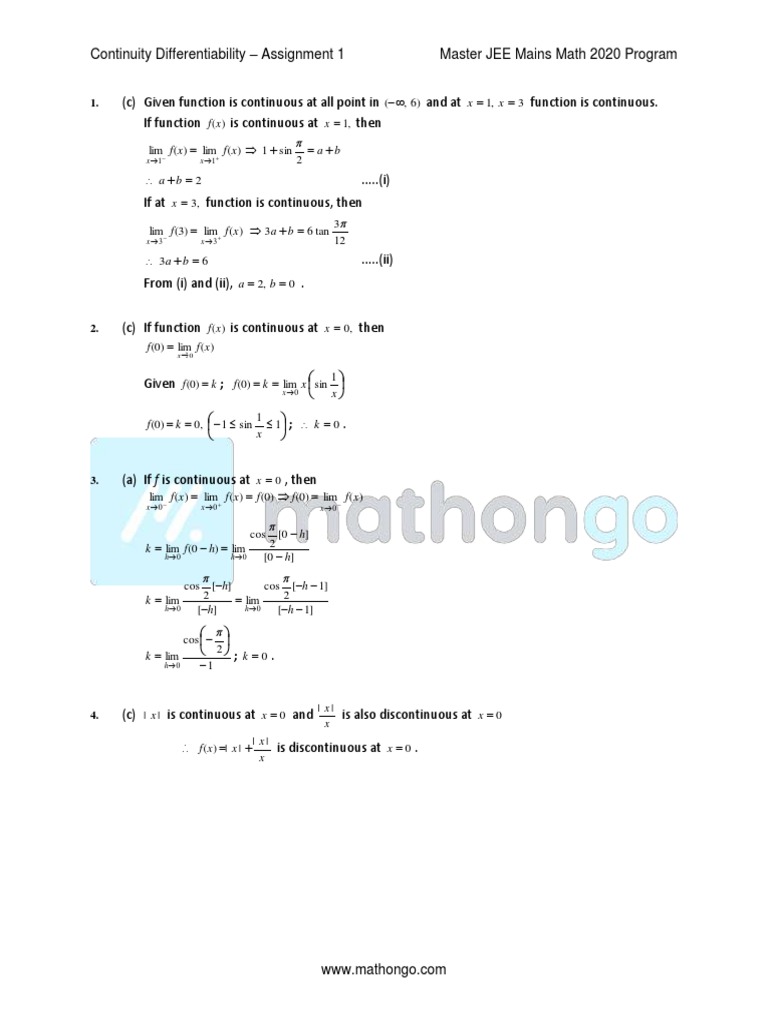 JEE Mains Math: Continuity & Differentiability | PDF | Algebra | Mathematical Relations