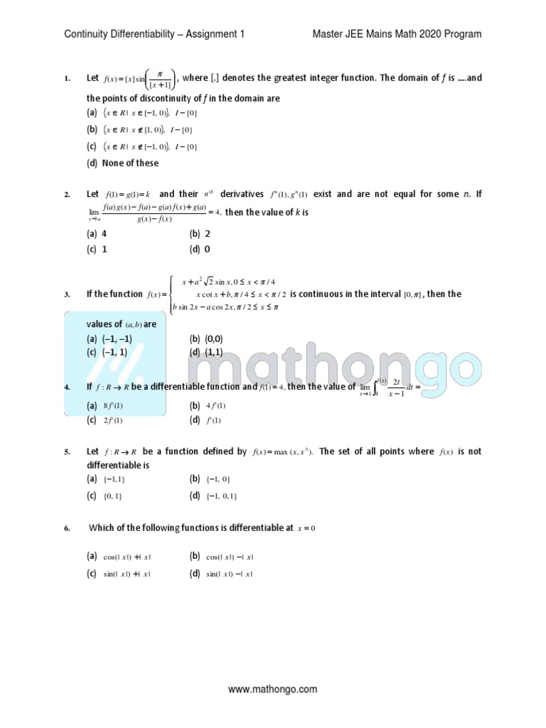 Continuity Differentiability - Sheet - 1 - Mathongo PDF | PDF | Function (Mathematics ...