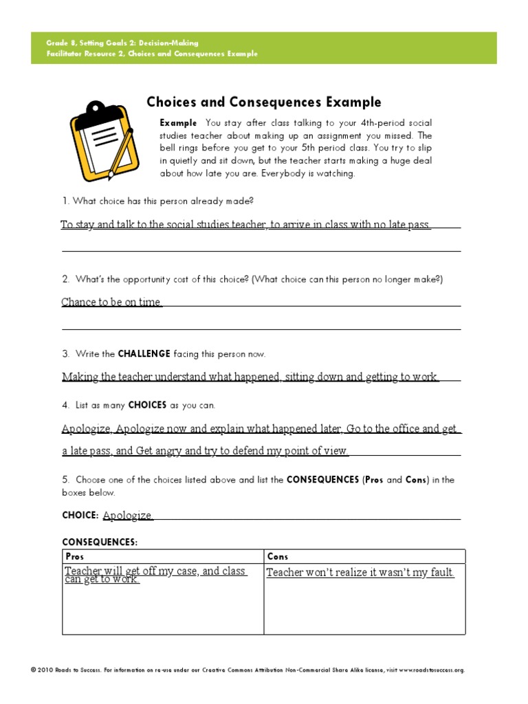 Choices and Consequences Example: Example You Stay After Class Talking ...