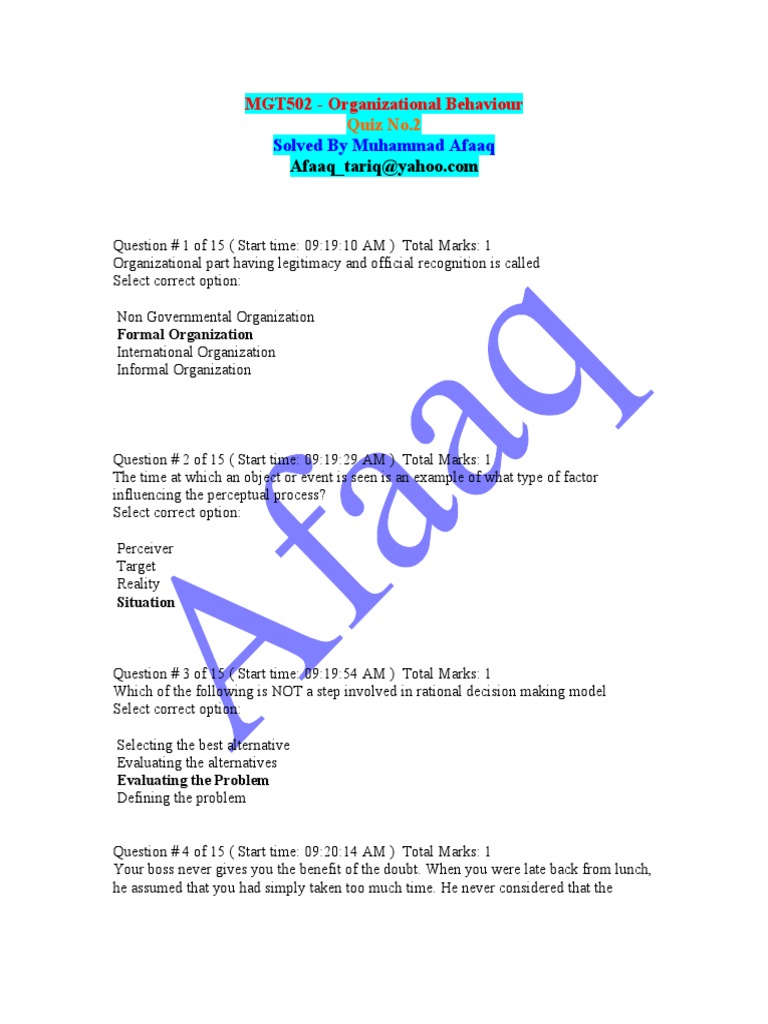 MGT502 - Organizational Behaviour: Solved by Muhammad Afaaq | PDF | Job Satisfaction | Emotions