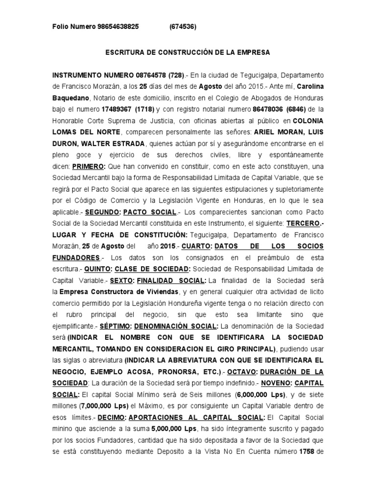 Escritura de La Empresa | PDF | Sociedad de responsabilidad limitada | Conceptos legales