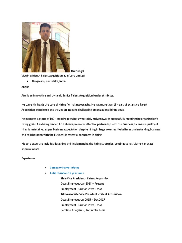 Profile - Atul Sahgal, VP-TA, INFOSYS PDF | PDF | Recruitment ...
