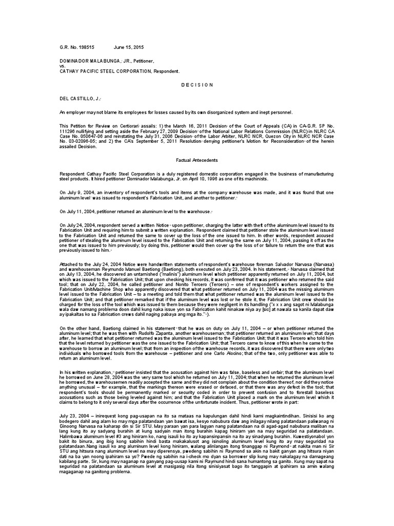 Malabunga Vs Cathay Pacific Steel Corporation | PDF