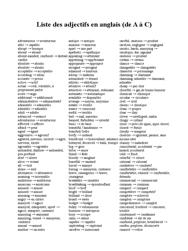 Liste Vocabulaire Anglais Adjectifs Utiles 1 | PDF