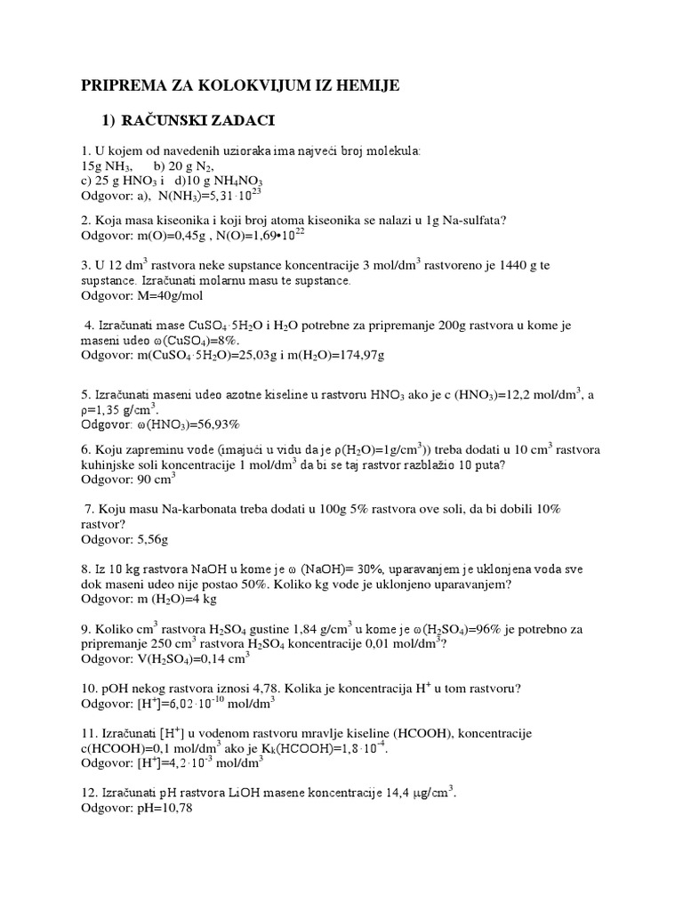 Zadaci Za Pripremu Kolokvijuma Iz Hemije | PDF
