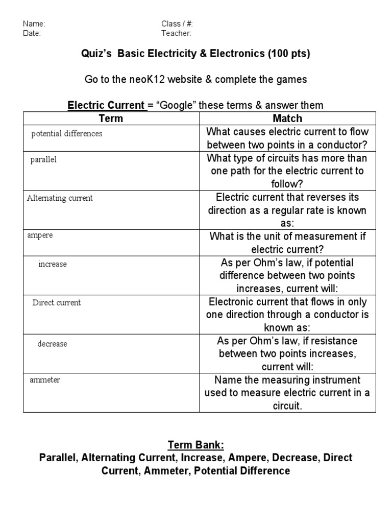 Basic Electricity & Electronics Quiz | PDF | Series And Parallel ...