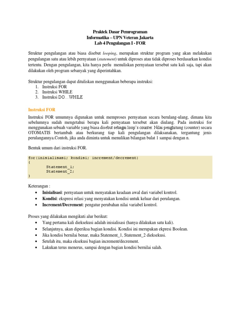 Struktur Pengulangan FOR dalam Pemrograman | PDF | Metode & Bahan Ajar