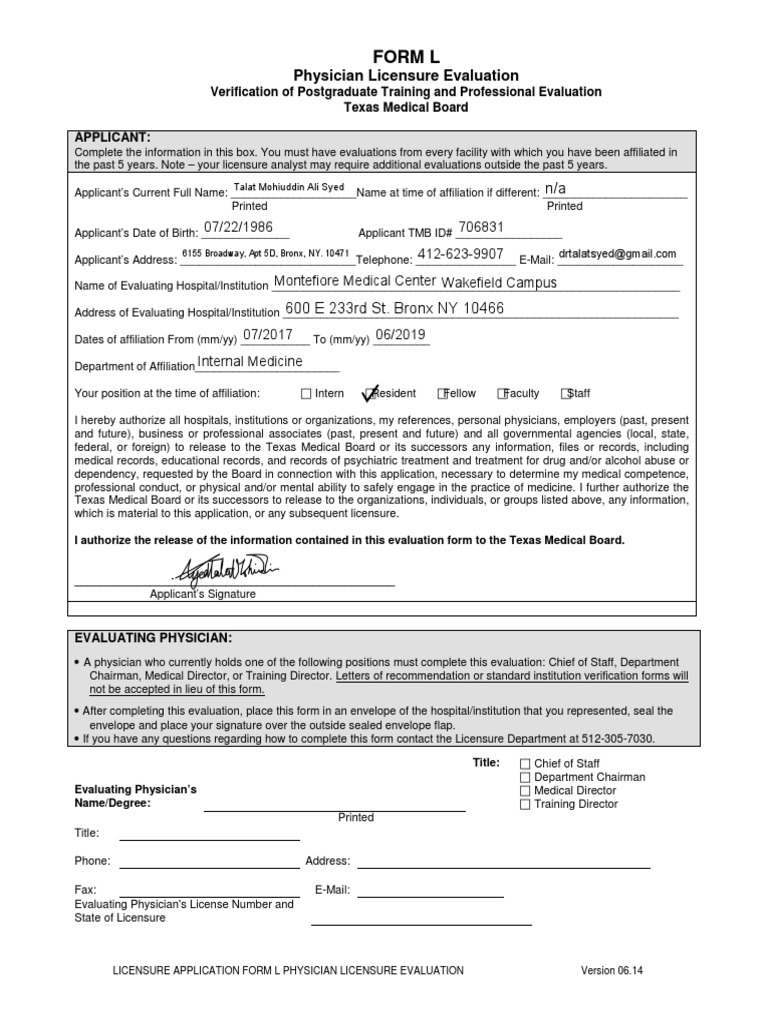 Form L: Physician Licensure Evaluation | PDF | Licensure | Residency ...