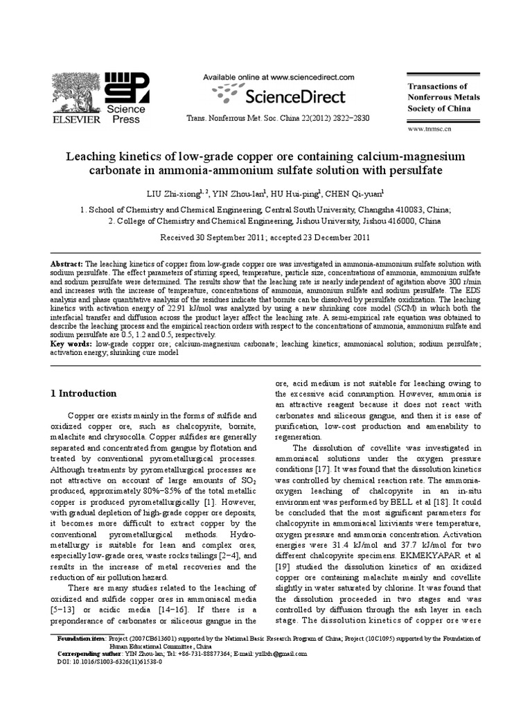 Leaching Kinetics of Low-Grade Copper Ore Containing Calcium-Magnesium ...