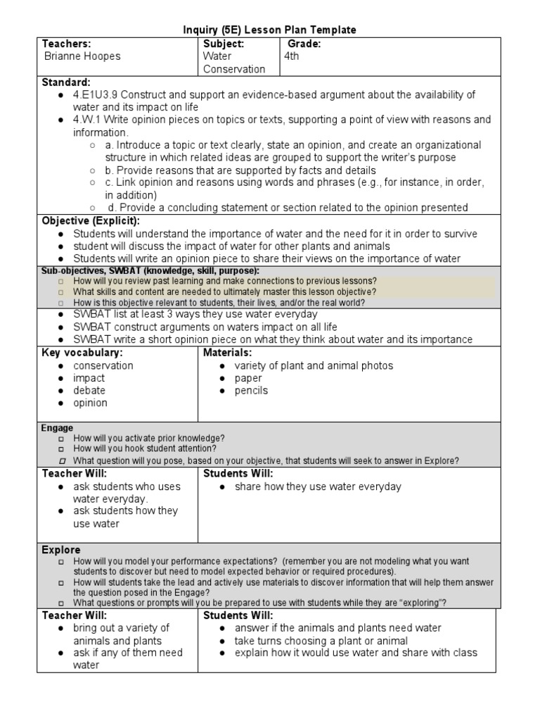 Inquiry (5E) Lesson Plan Template Teachers: Subject: Grade:: Sub ...