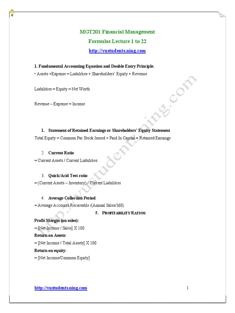 MGT201 Financial Management Formulas Lect 1 To 22 | Download Free PDF ...