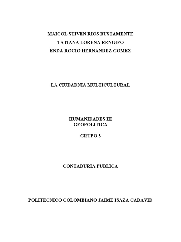 Ciudadanía Multicultural - Informe de Lectura | PDF | Multiculturalismo ...