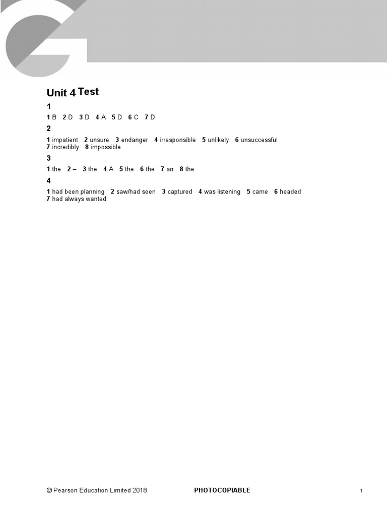 B2 First Tests Answer Key: Unit 4 Test | PDF