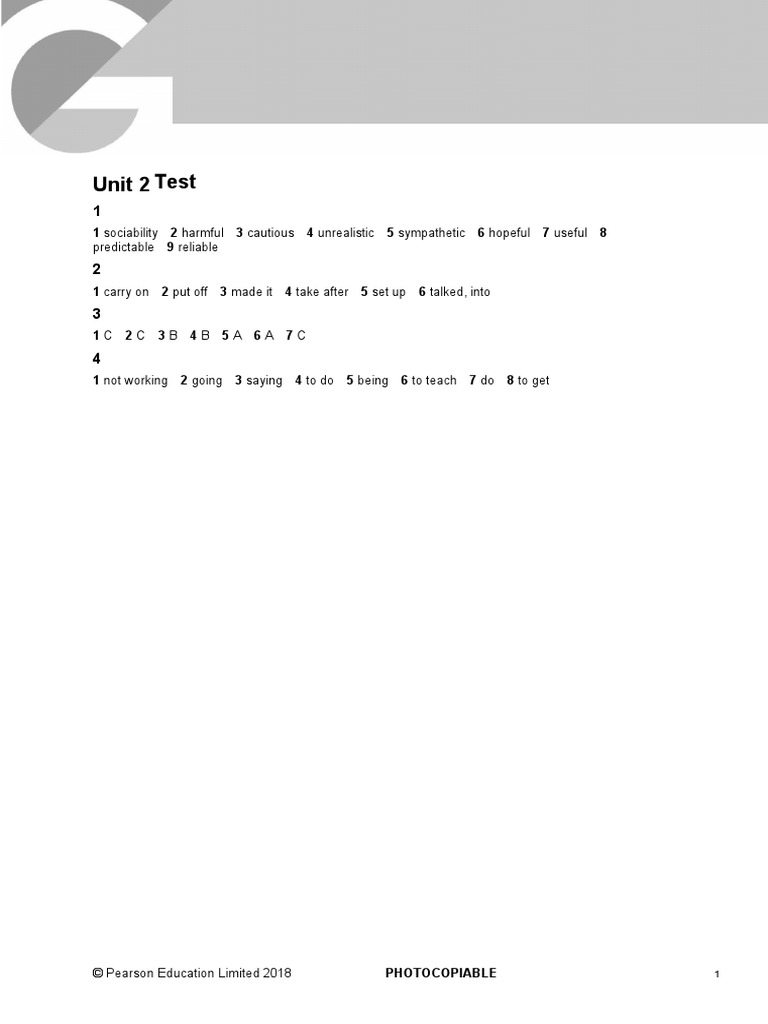 B2 First Tests Answer Key: Unit 2 Test | PDF