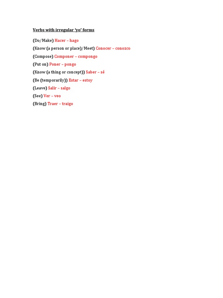 Verbs With Irregular Yo' Forms | PDF | Language Arts & Discipline