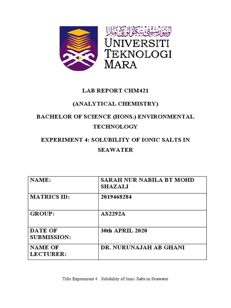 Lab Report CHM421 (Exp4) | PDF | Titration | Chemistry