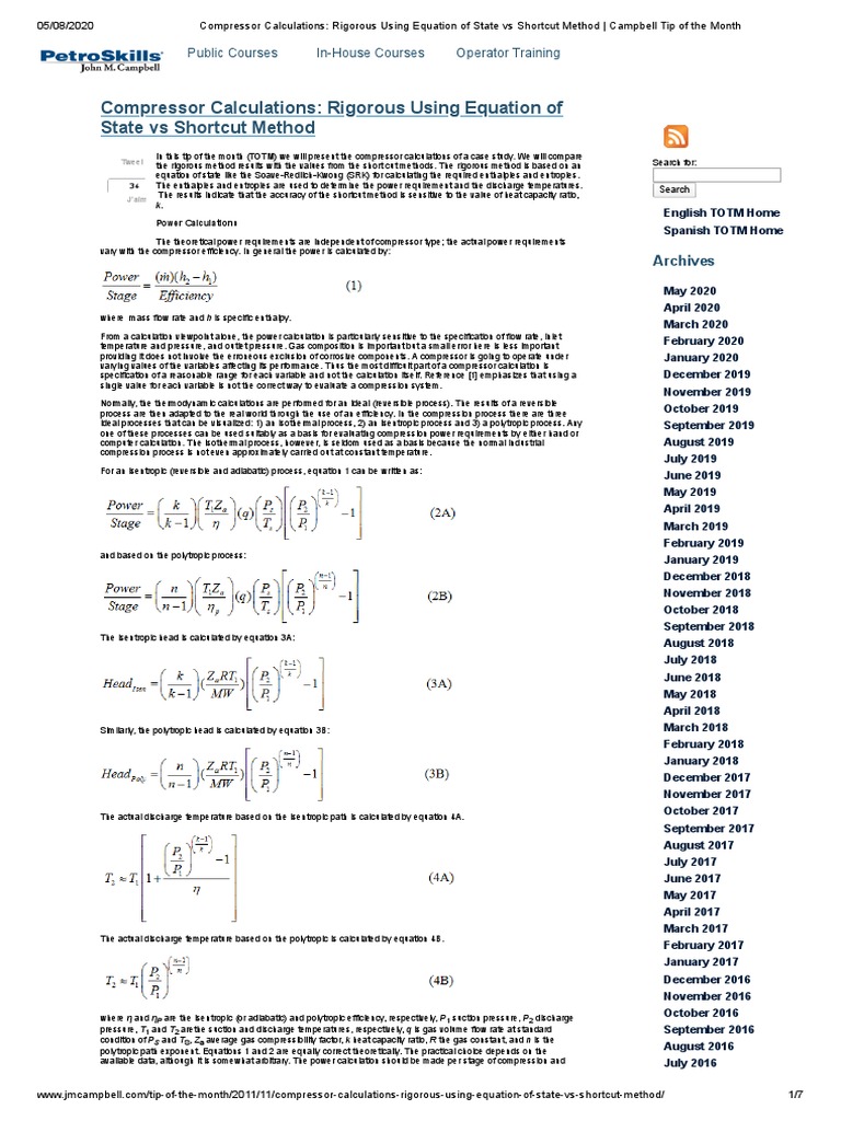 Compressor Calculations - Rigorous Using Equation of State Vs Shortcut ...