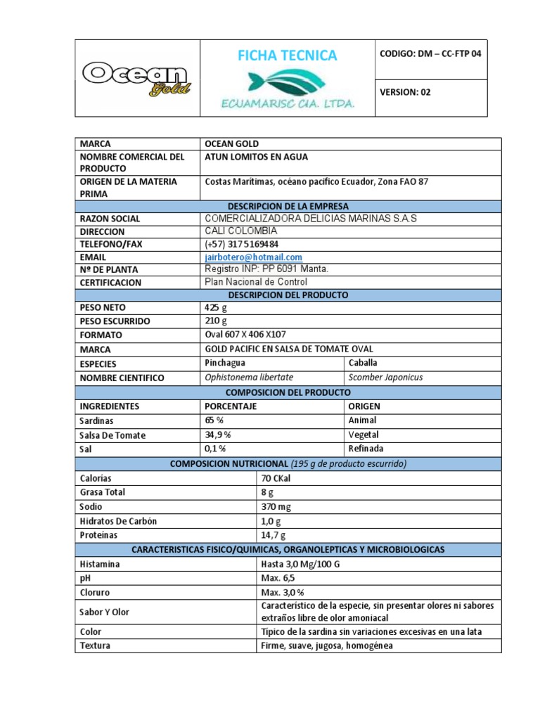 Ficha Tecnica Sardina Oval Tomate | PDF | Comida y bebida | Alimentos