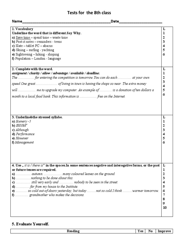 8th Grade Vocabulary and Grammar Tests | PDF | Human Communication ...
