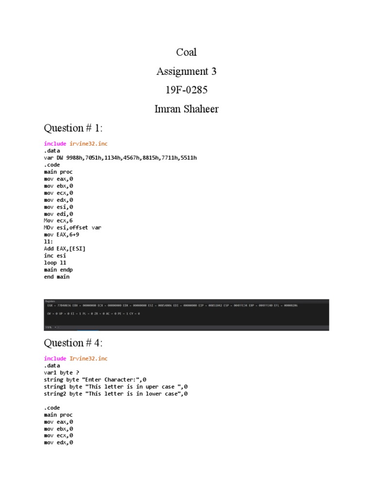 Coal Assignment 3 19F-0285 Imran Shaheer Question # 1:: Irvine32.inc | PDF | Computer ...
