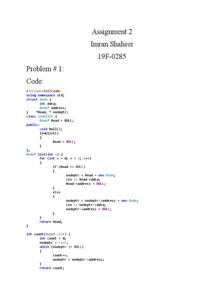 Assignment 2 Imran Shaheer 19F-0285 Problem # 1: Code | Download Free PDF | Computer Data ...