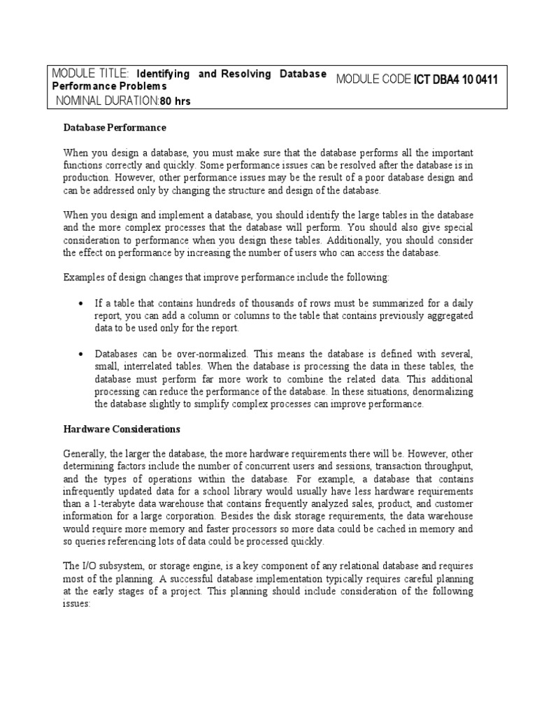 Identifying and Resolving Database Performance Problems | PDF | Backup | Peer To Peer