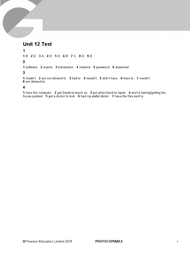 B2 First Tests Answer Key: Unit 12 Test | PDF