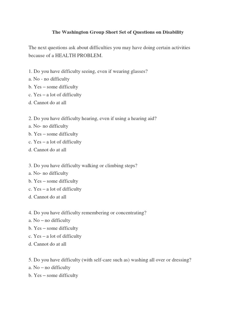 Washington Group Disability Questionnaire | PDF