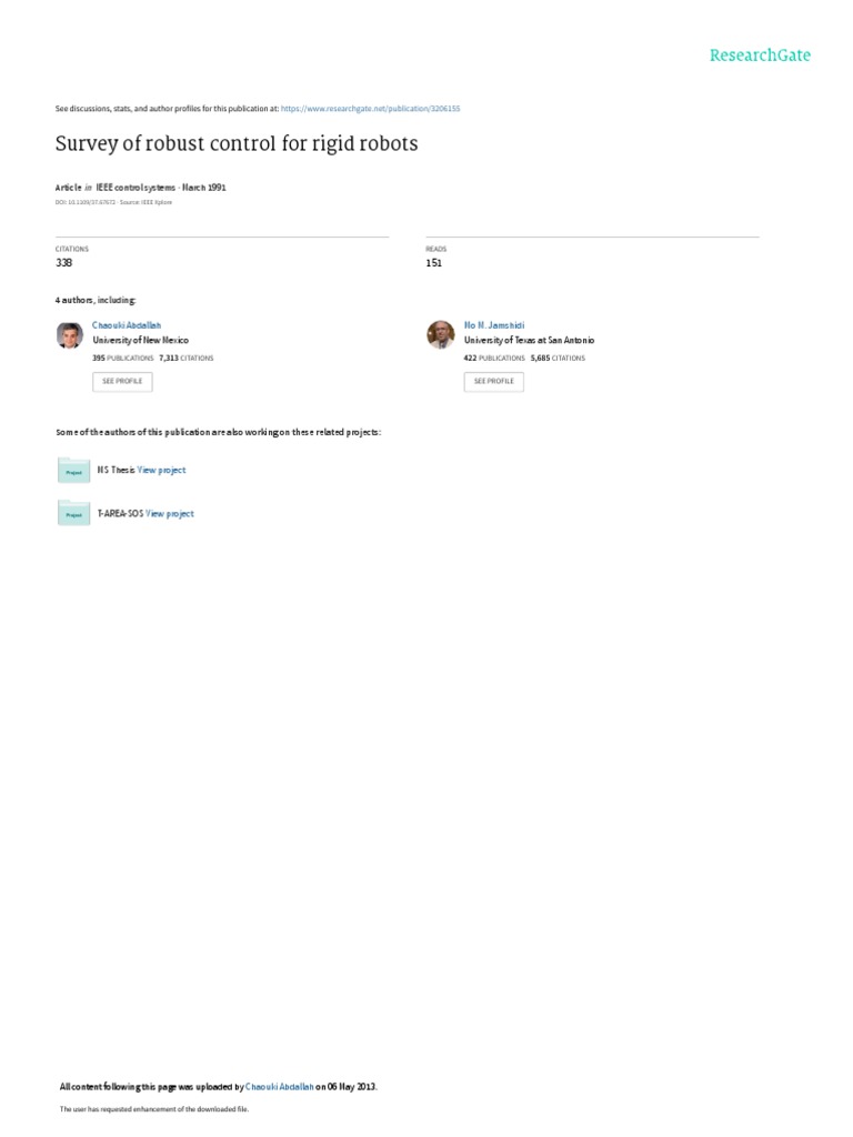 Survey of Robust Control For Rigid Robots: IEEE Control Systems March ...