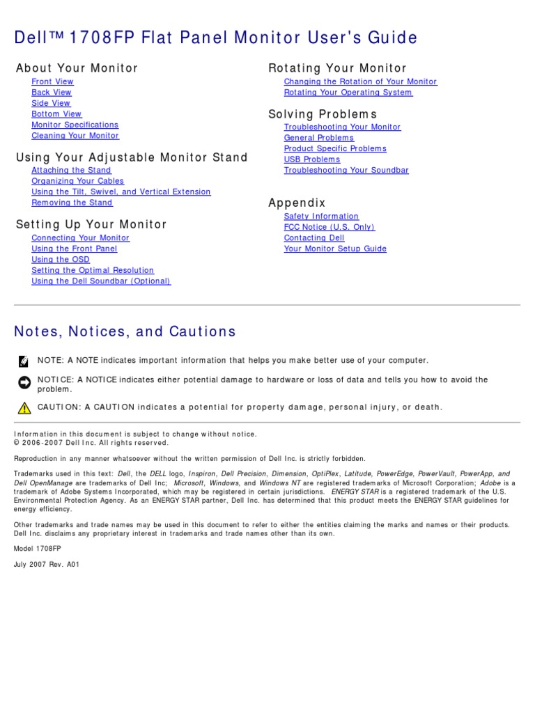 Dell™ 1708FP Flat Panel Monitor User's Guide: Notes, Notices, and ...