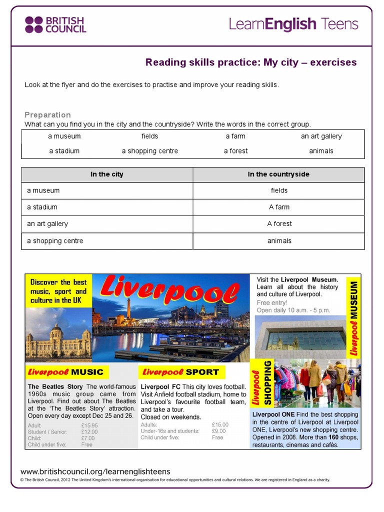Reading Skills Practice: My City - Exercises: Preparation | PDF ...