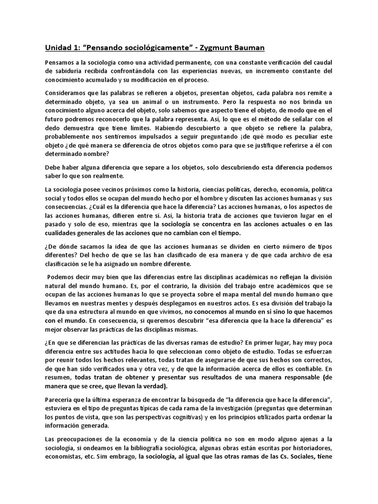 Resumen PENSANDO SOCIOLOGICAMENTE - BAUMAN | PDF | Sociología | Sentido ...