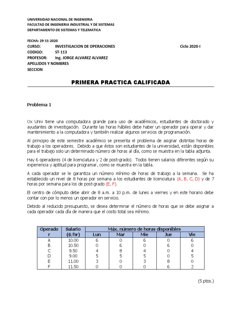 Primera Practica Calificada 29 - 11 - 20 | PDF | Presupuesto | Fabricación e ingeniería