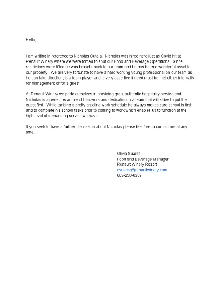 Nick Cutola Reference Letter | PDF