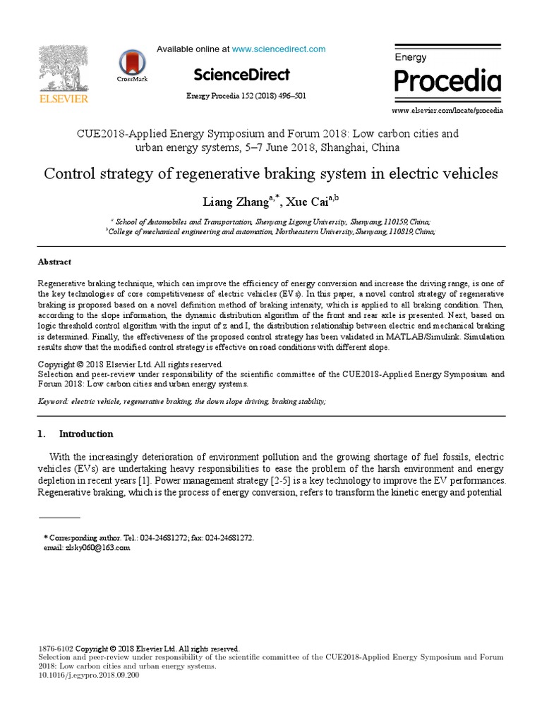 Control Strategy of Regenerative Braking System in Electric Vehicles | PDF