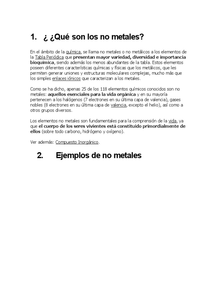 Características y ejemplos de no metales | PDF | Elementos químicos ...