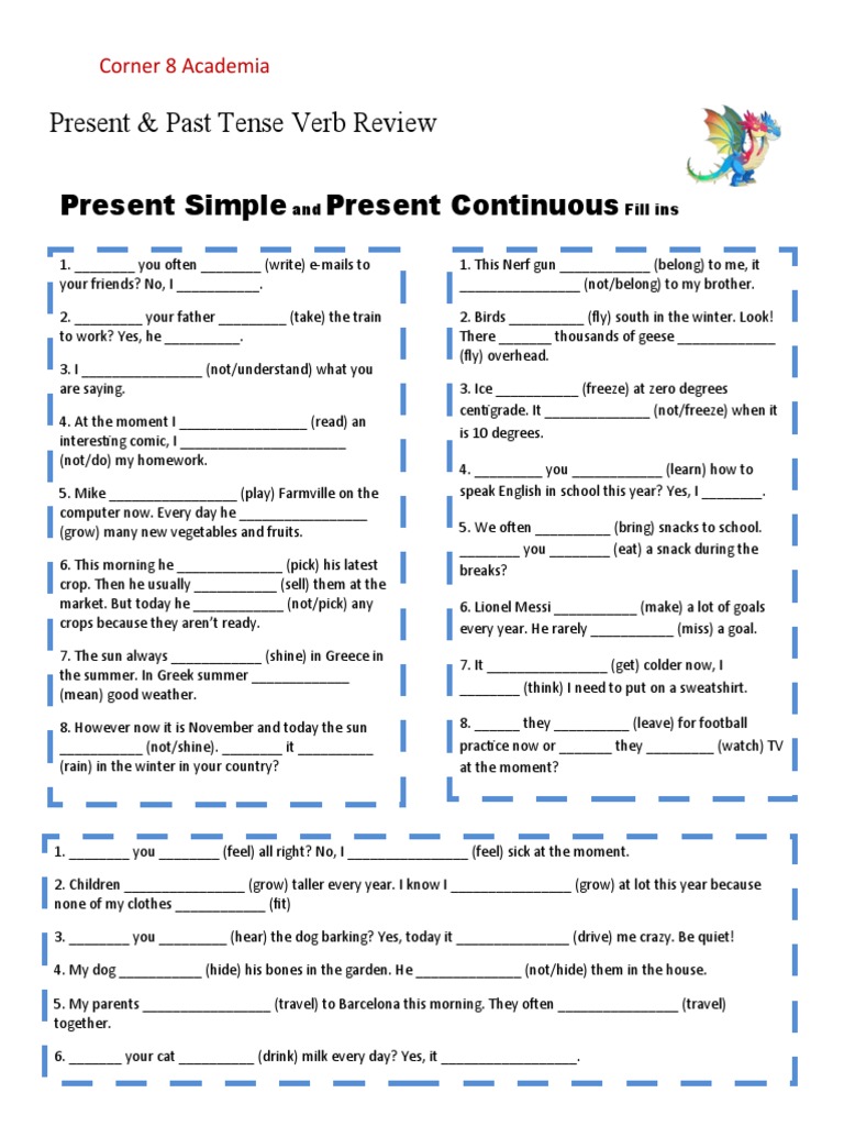 Present & Past Tense Verb Review Present Simple Present Continuous | PDF