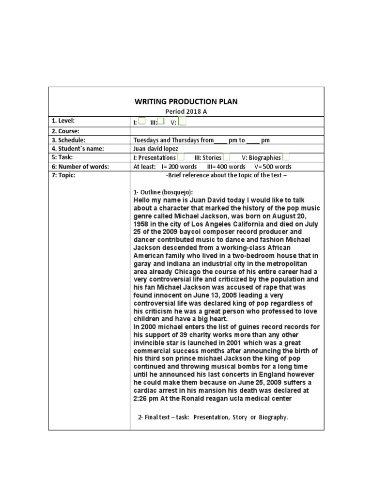 WRITING PRODUCTION PLAN Initial Report | PDF | Michael Jackson ...