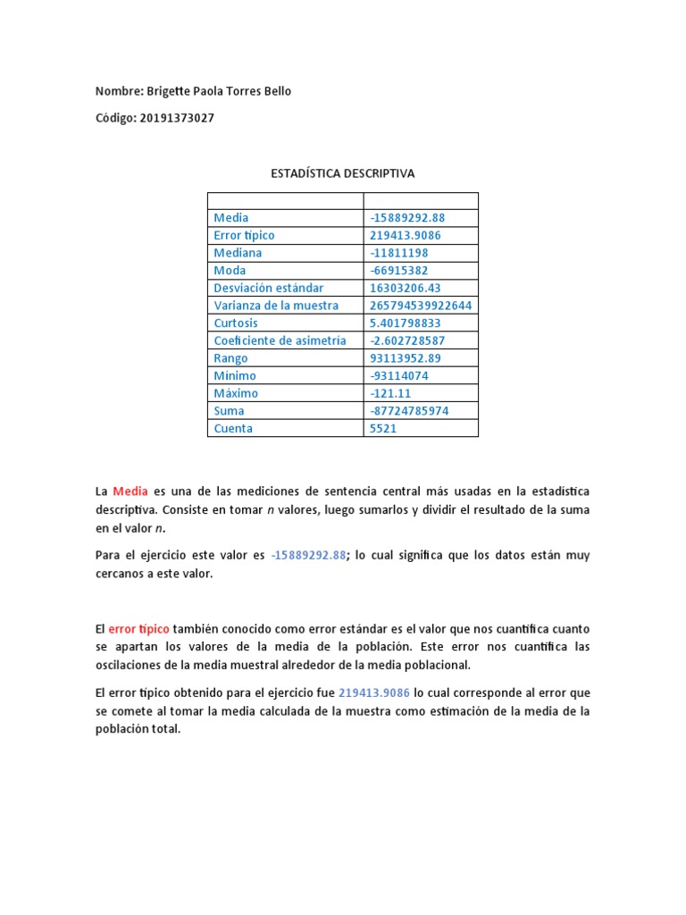 Estadistica Descriptiva Brigette Torres | PDF | Media | Oblicuidad