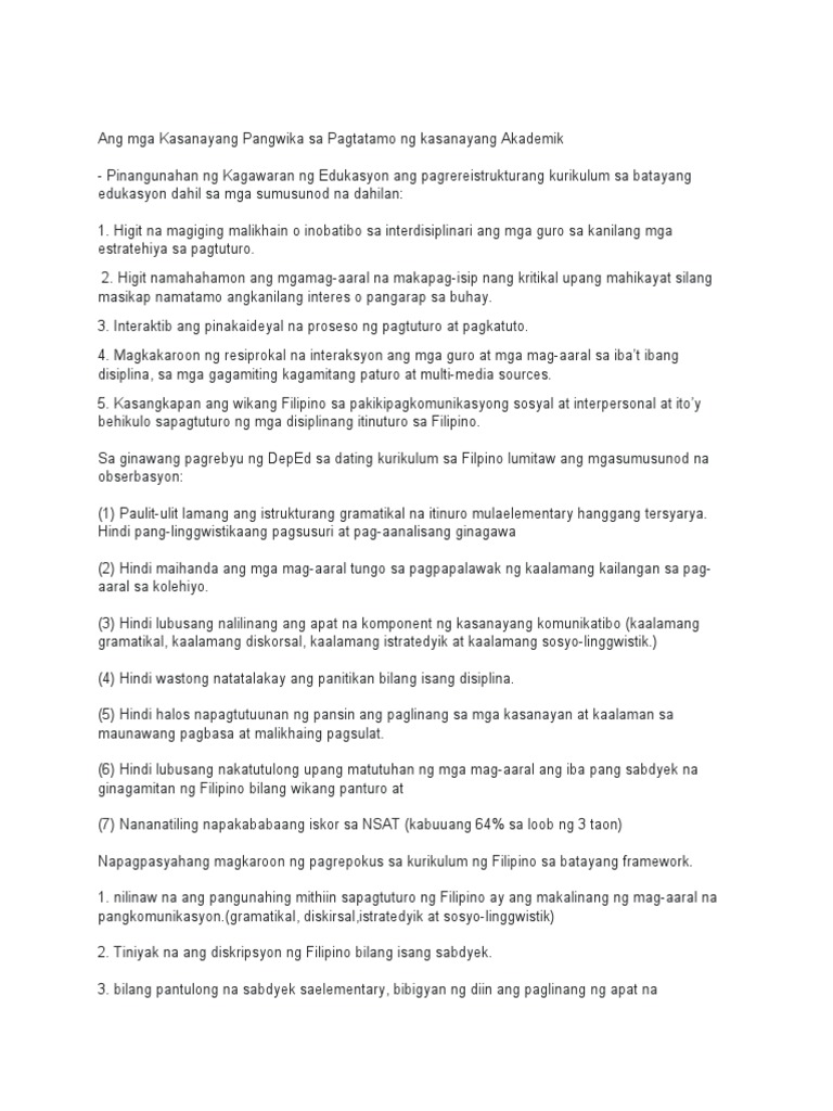 Ang Mga Kasanayang Pangwika Sa Pagtatamo NG Kasanayang Akademik | PDF