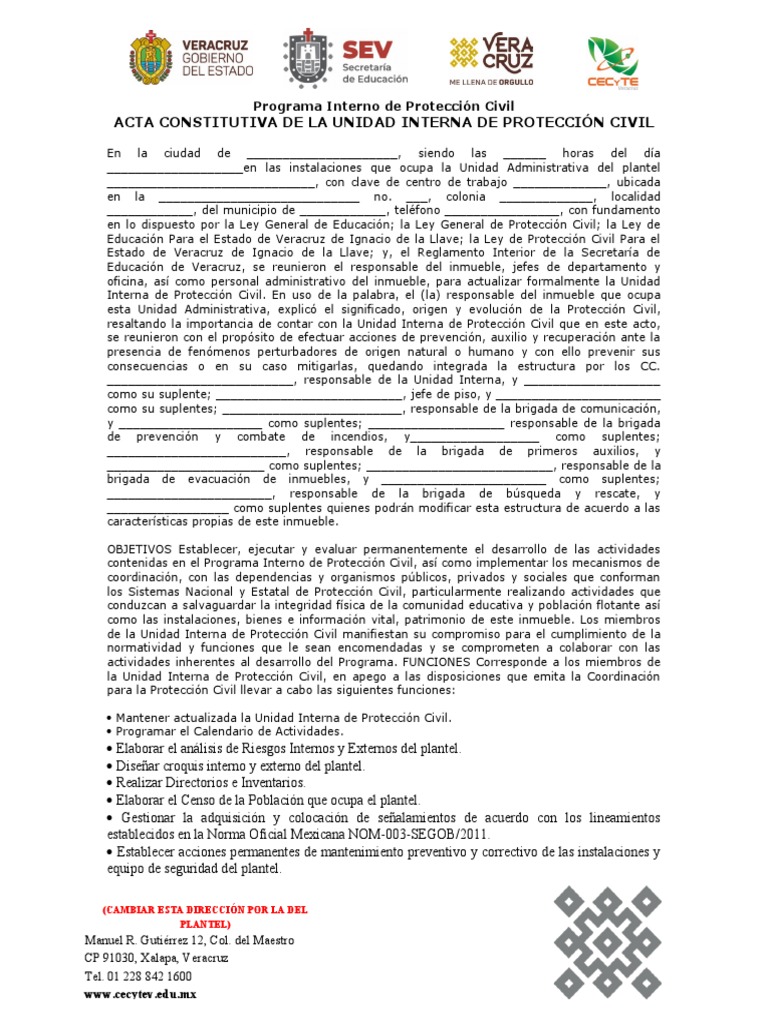 Acta Constitutiva de La Unidad Interna de Protección Civil Actual | PDF | Esfera pública | Gobierno