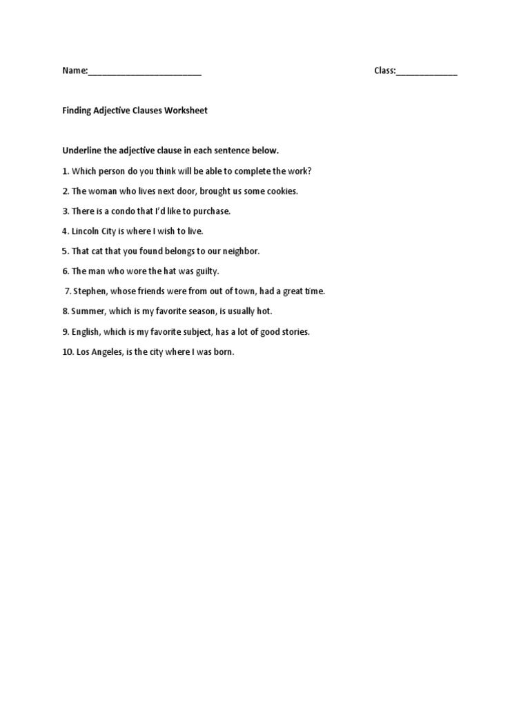 Finding Adjective Clauses Worksheet | PDF