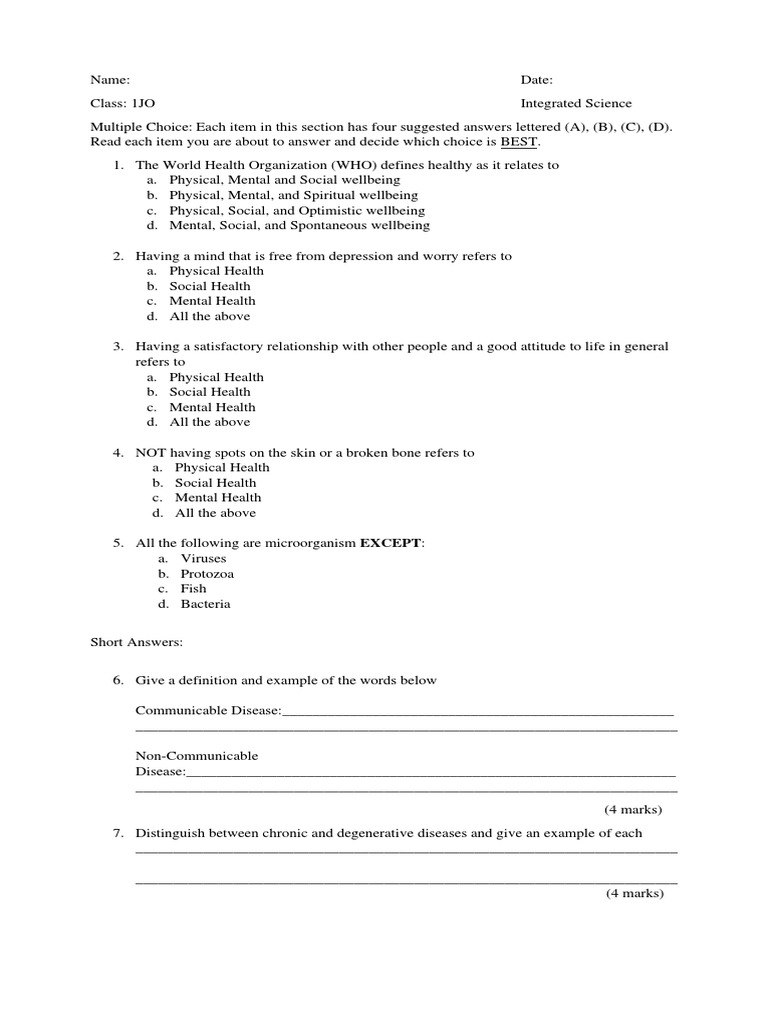 Disease and Health Quiz PDF | PDF | Infection | Clinical Medicine