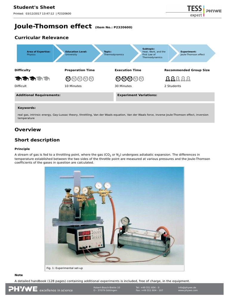 Joule-Thomson Effect: (Item No.: P2320600) | PDF | Gases | Mechanics