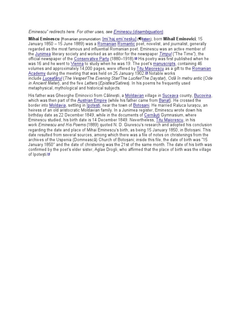 Eminescu (Disambiguation) : Mihai Eminescu (Mihail Eminovici 15 | PDF