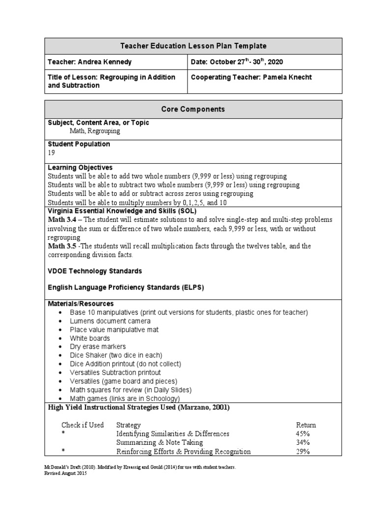 Regrouping in Addition and Subtraction Lesson Plan - Math - Oct ...